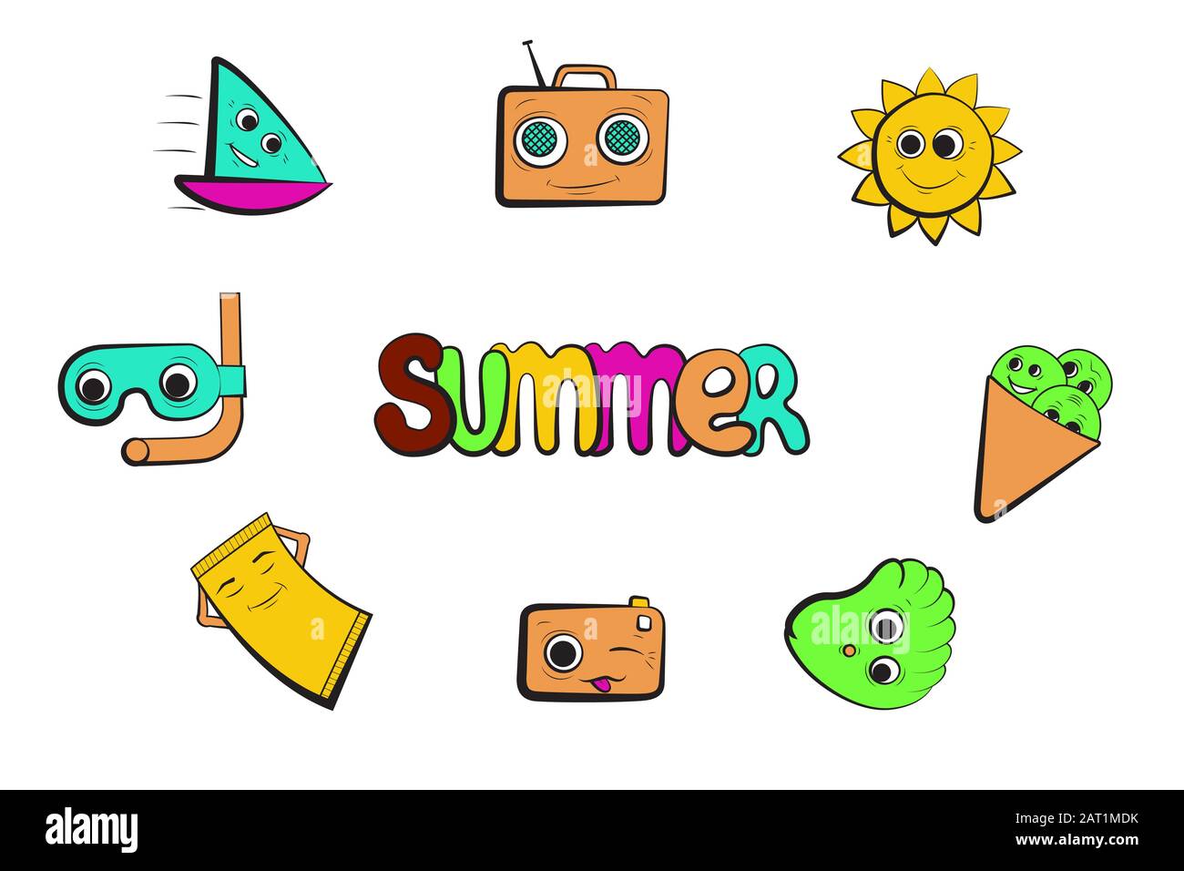Summer icons set. Cartoon character. Summertime travel vector ...