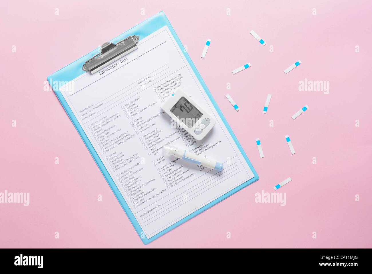 Laboratory test, glucometer and lancet pen on color background ...
