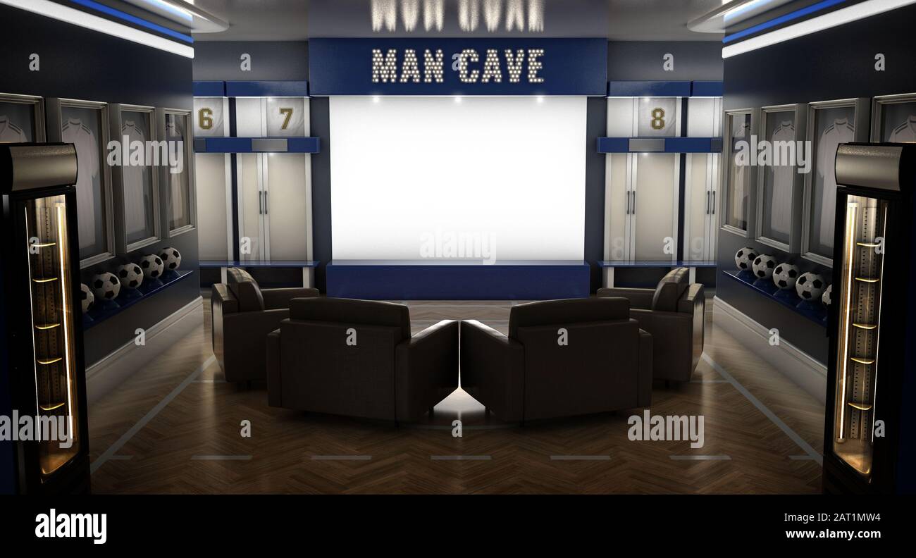 A dramatically lit interior of a soccer themed man cave with sports ...