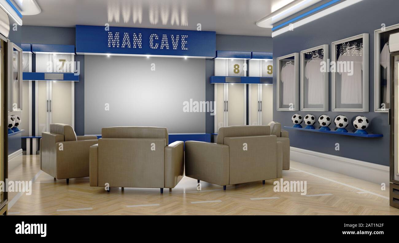 A well lit interior of a soccer themed man cave with sports memorabilia ...