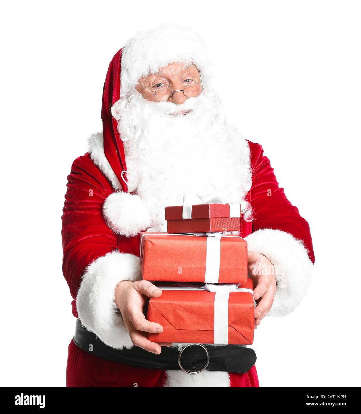 Santa Claus with gifts on white background Stock Photo - Alamy