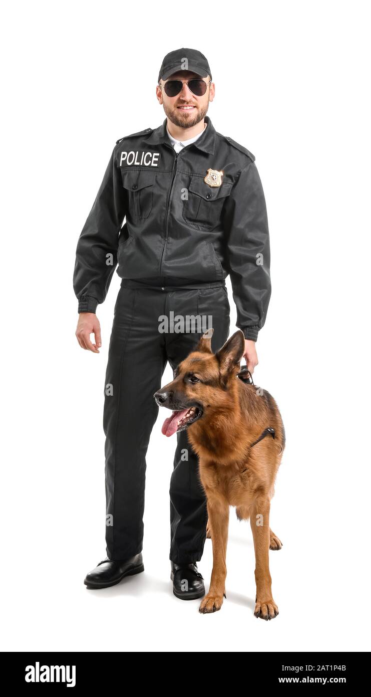 Male police officer with dog on white background Stock Photo - Alamy