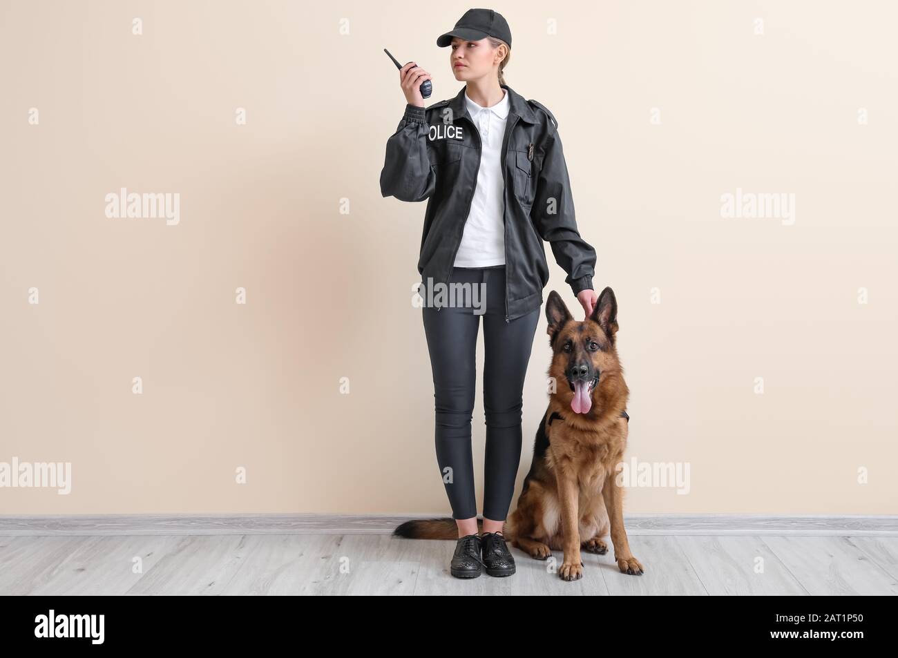 Female police officer with dog near light wall Stock Photo - Alamy