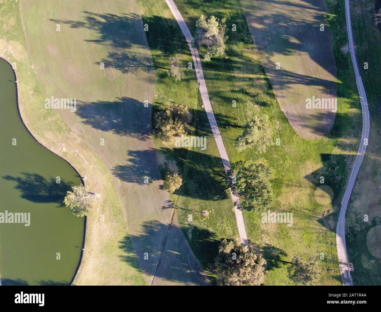 Aerial top view of golf course with green field. Green turf scenery ...