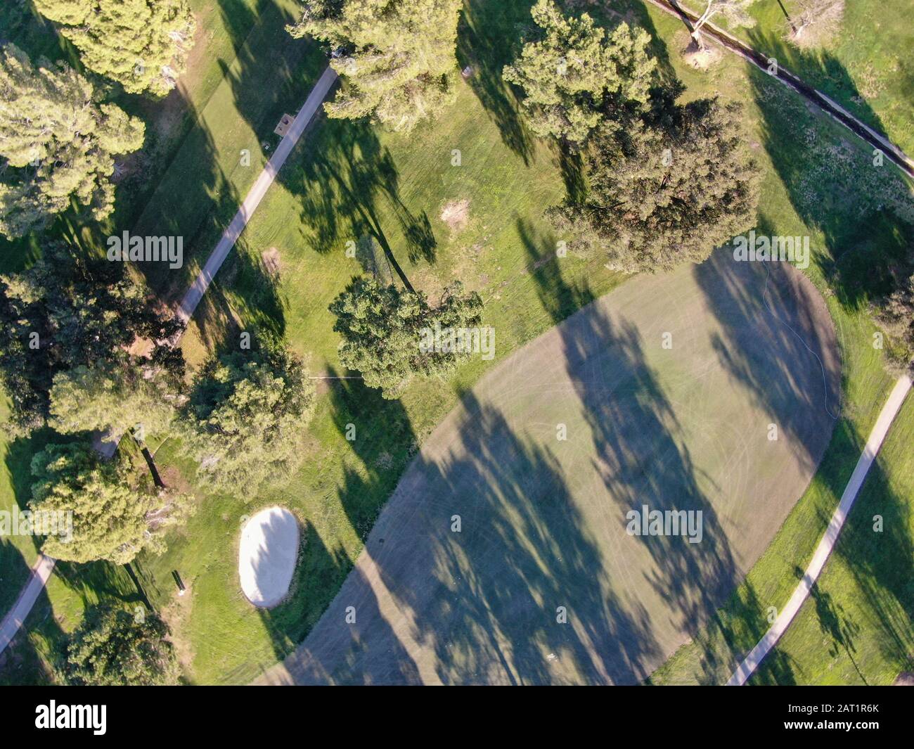 Aerial top view of golf course with green field. Green turf scenery ...
