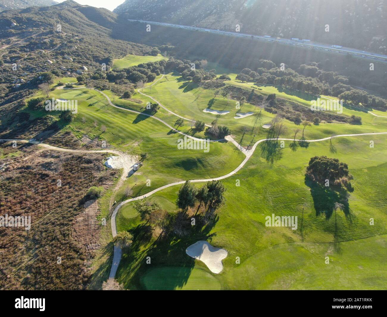 Aerial top view of golf course with green field. Green turf scenery ...