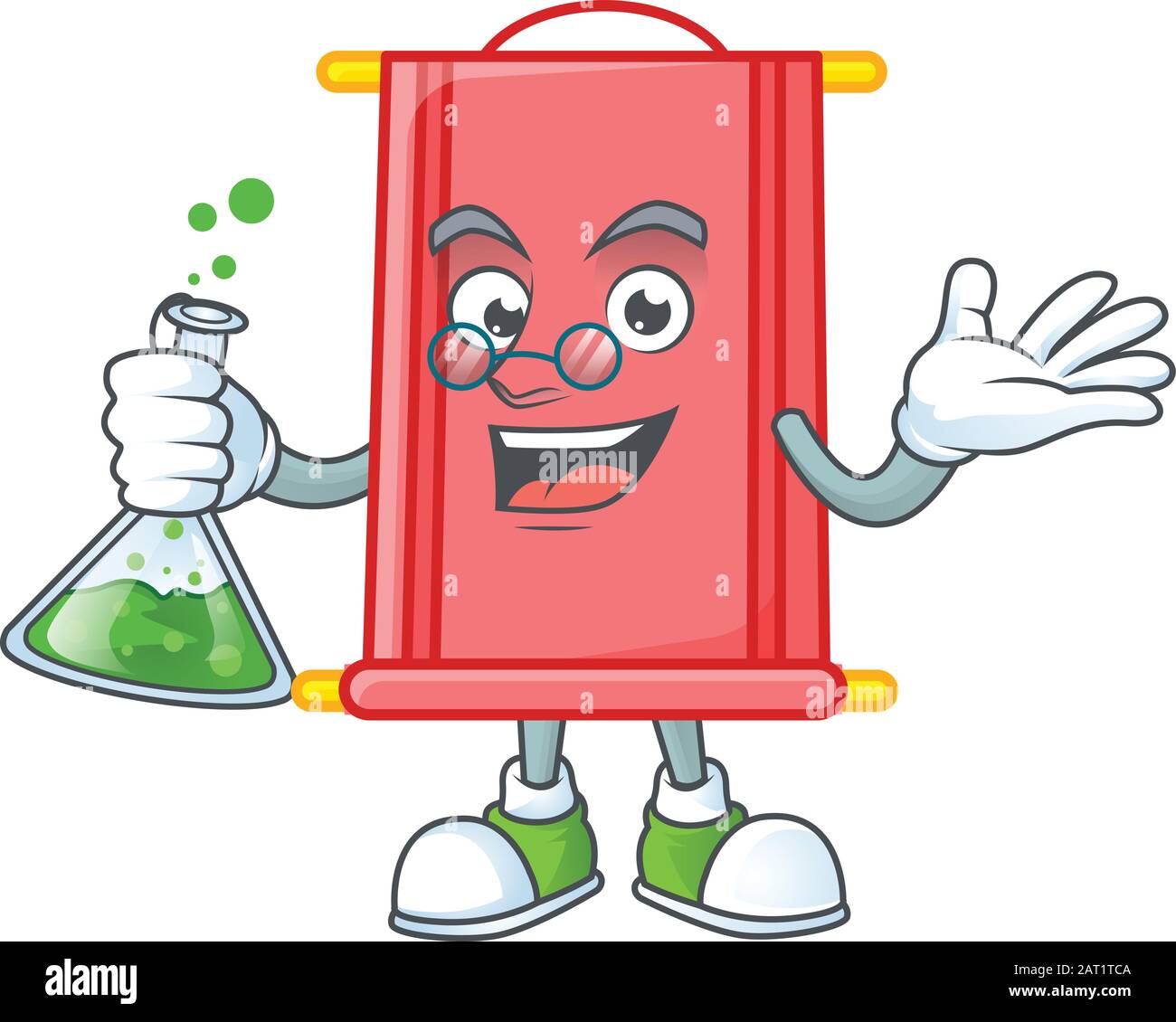 Smart Professor chinese red scroll cartoon character with glass tube ...