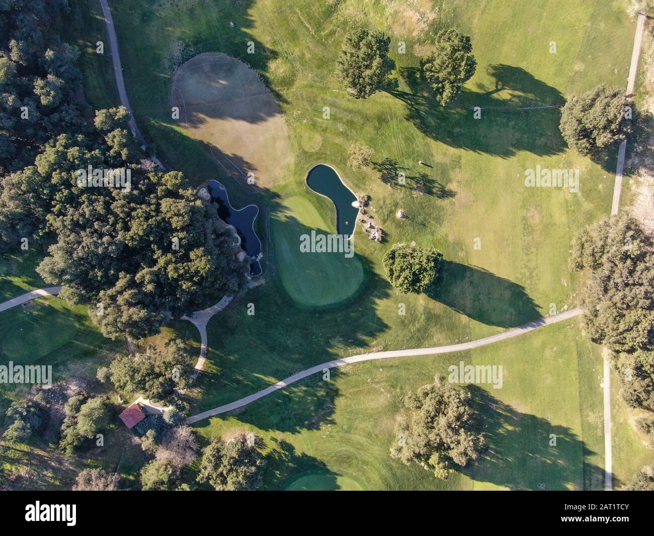 Aerial top view of golf course with green field. Green turf scenery ...