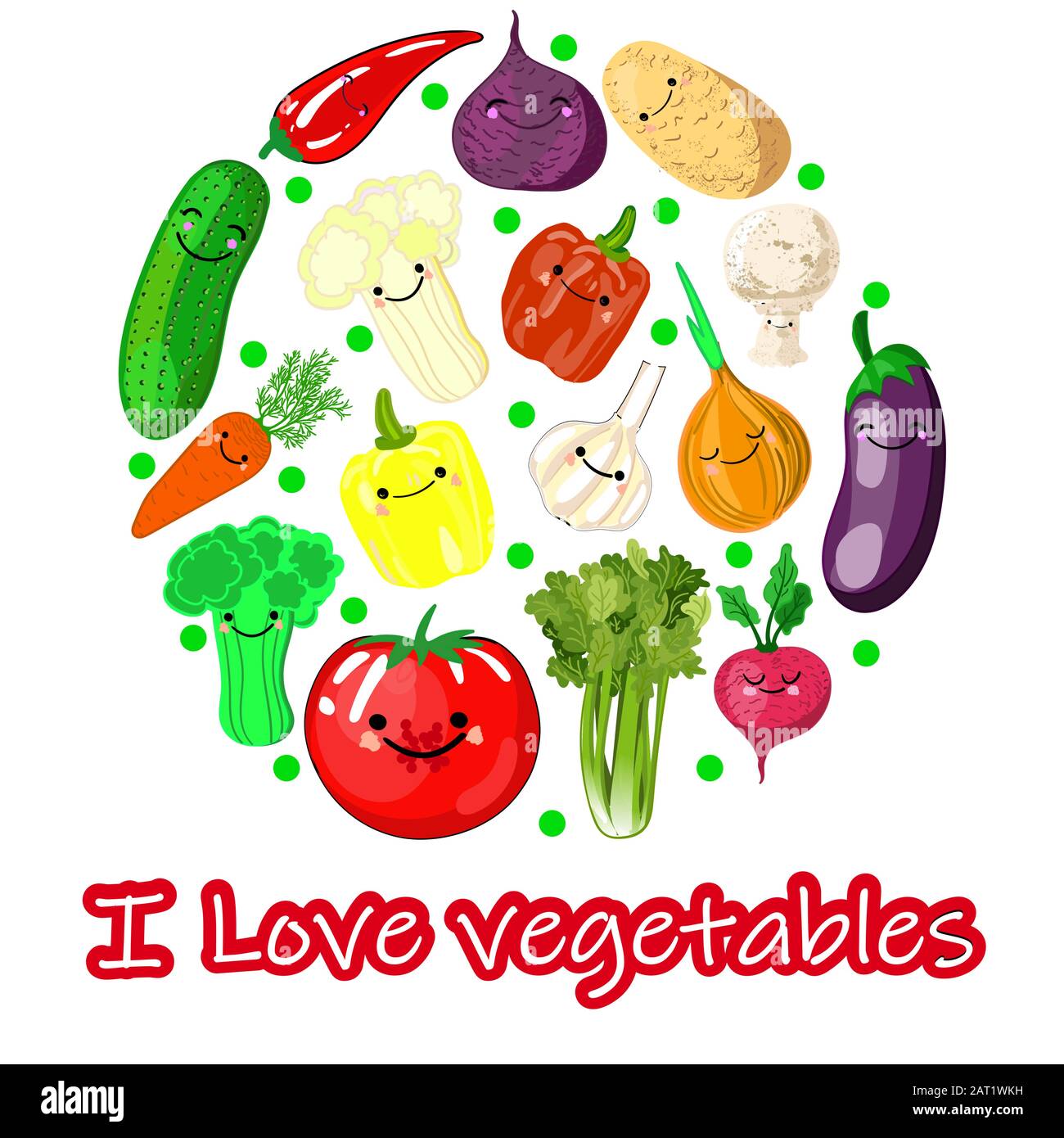 Colorful cartoon vegetables icons in round isolated on white. Vector ...