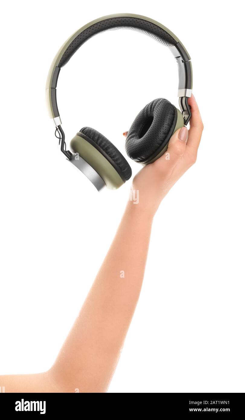 Hand with modern headphones on white background Stock Photo - Alamy