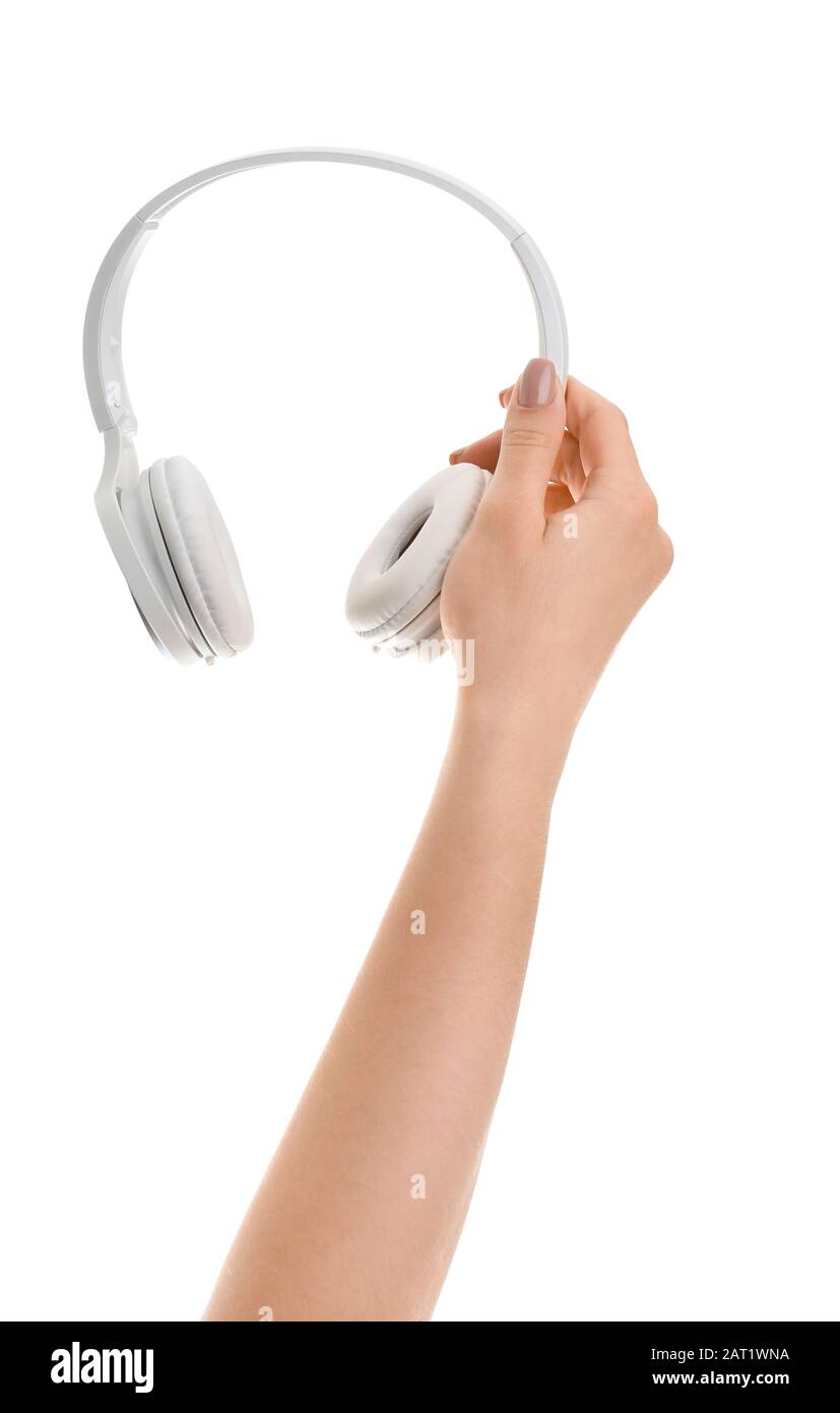 Hand with modern headphones on white background Stock Photo - Alamy