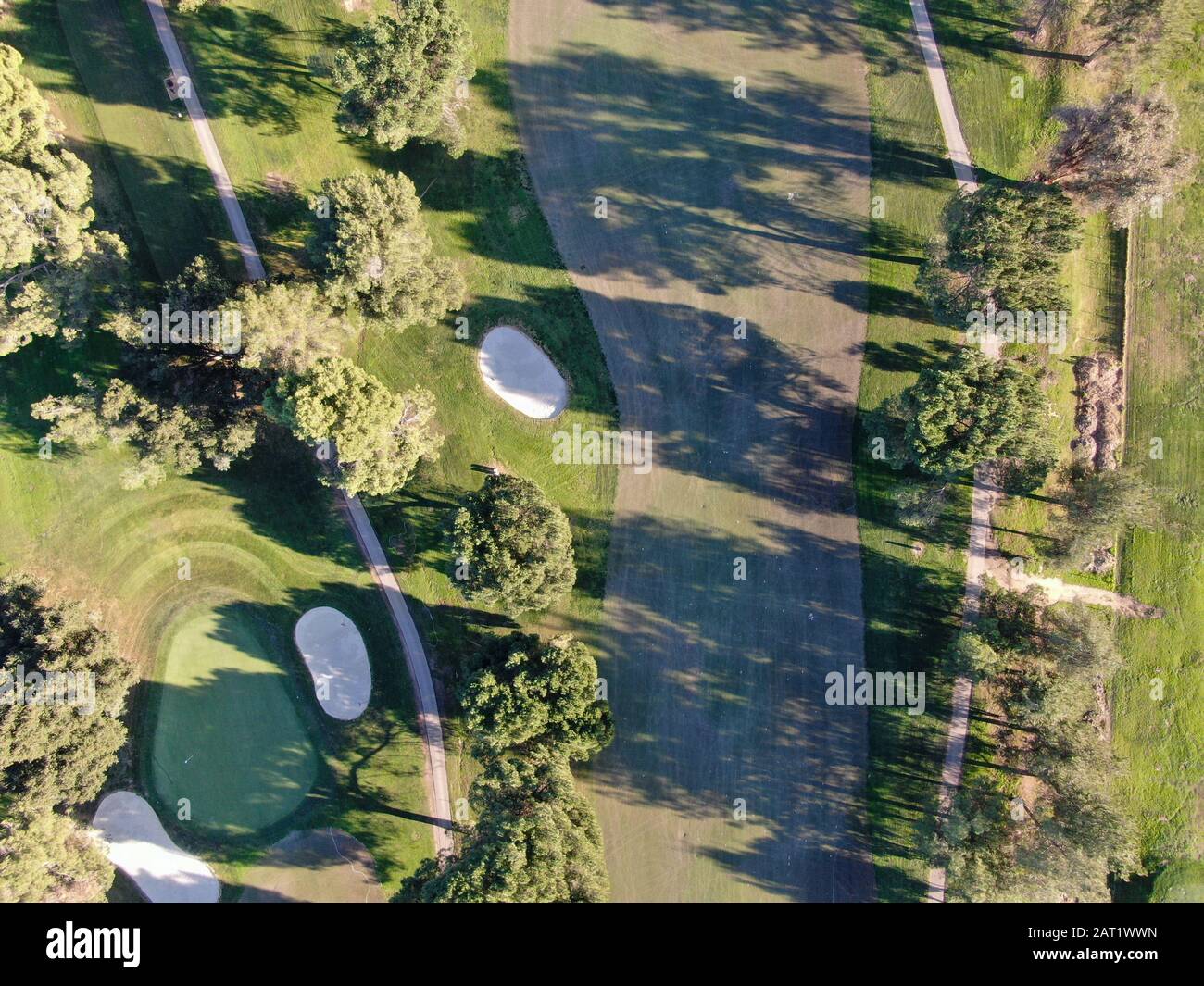 Aerial top view of golf course with green field. Green turf scenery ...