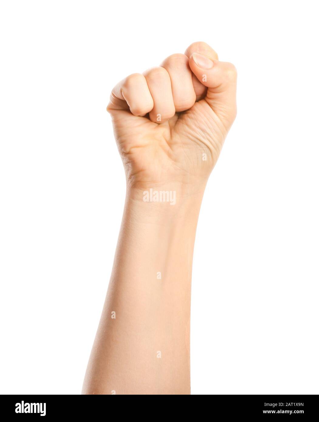 Hand of woman with clenched fist on white background Stock Photo - Alamy