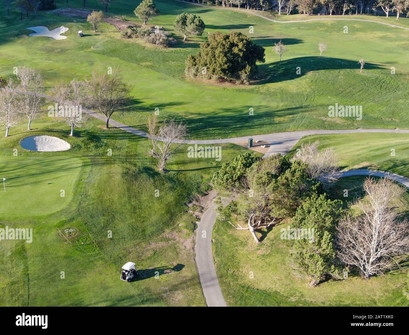 Aerial top view of golf course with green field. Green turf scenery ...