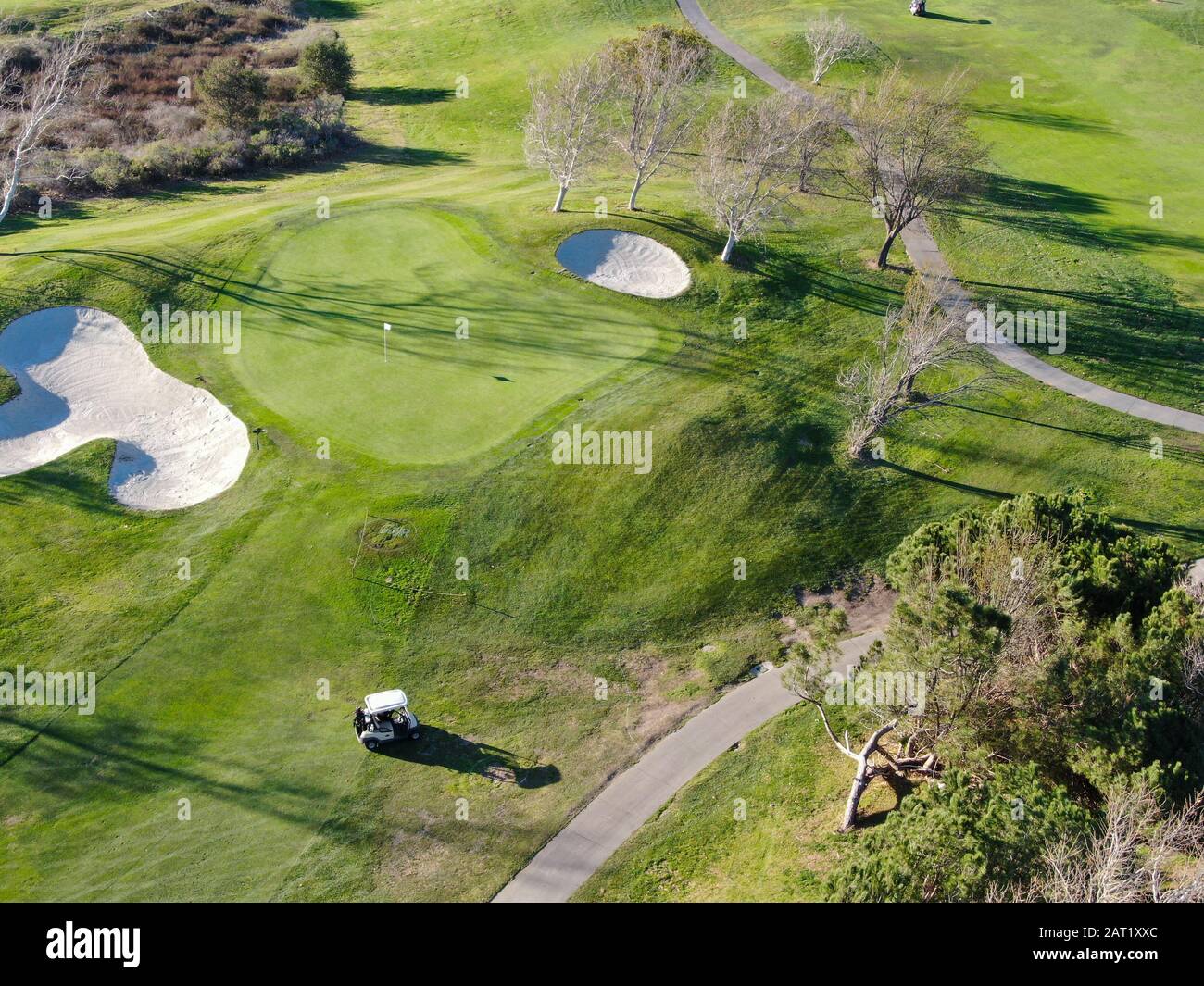 Aerial top view of golf course with green field. Green turf scenery ...