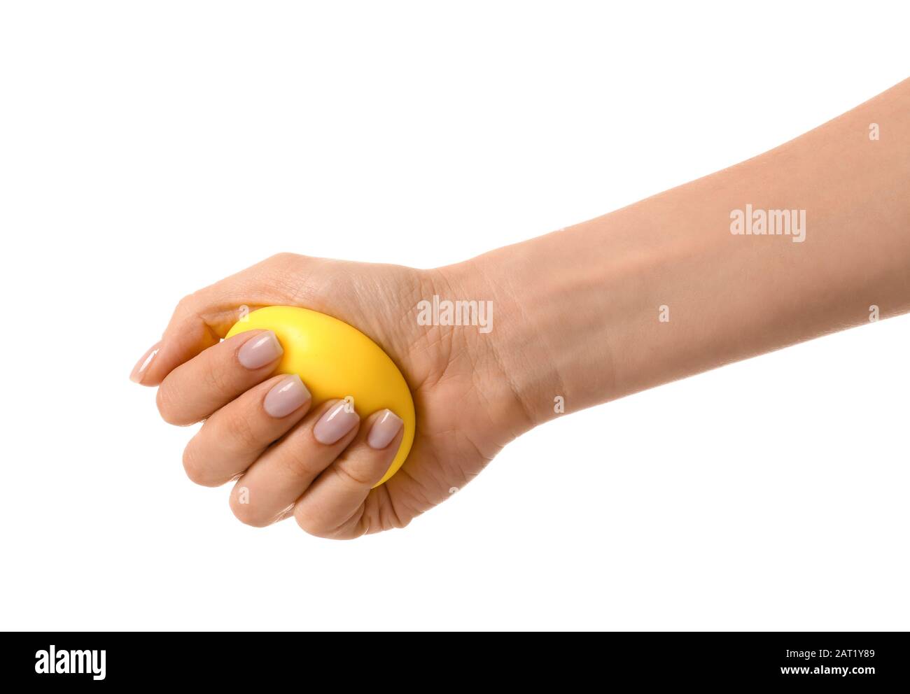 Hand squeezing stress ball on white background Stock Photo - Alamy