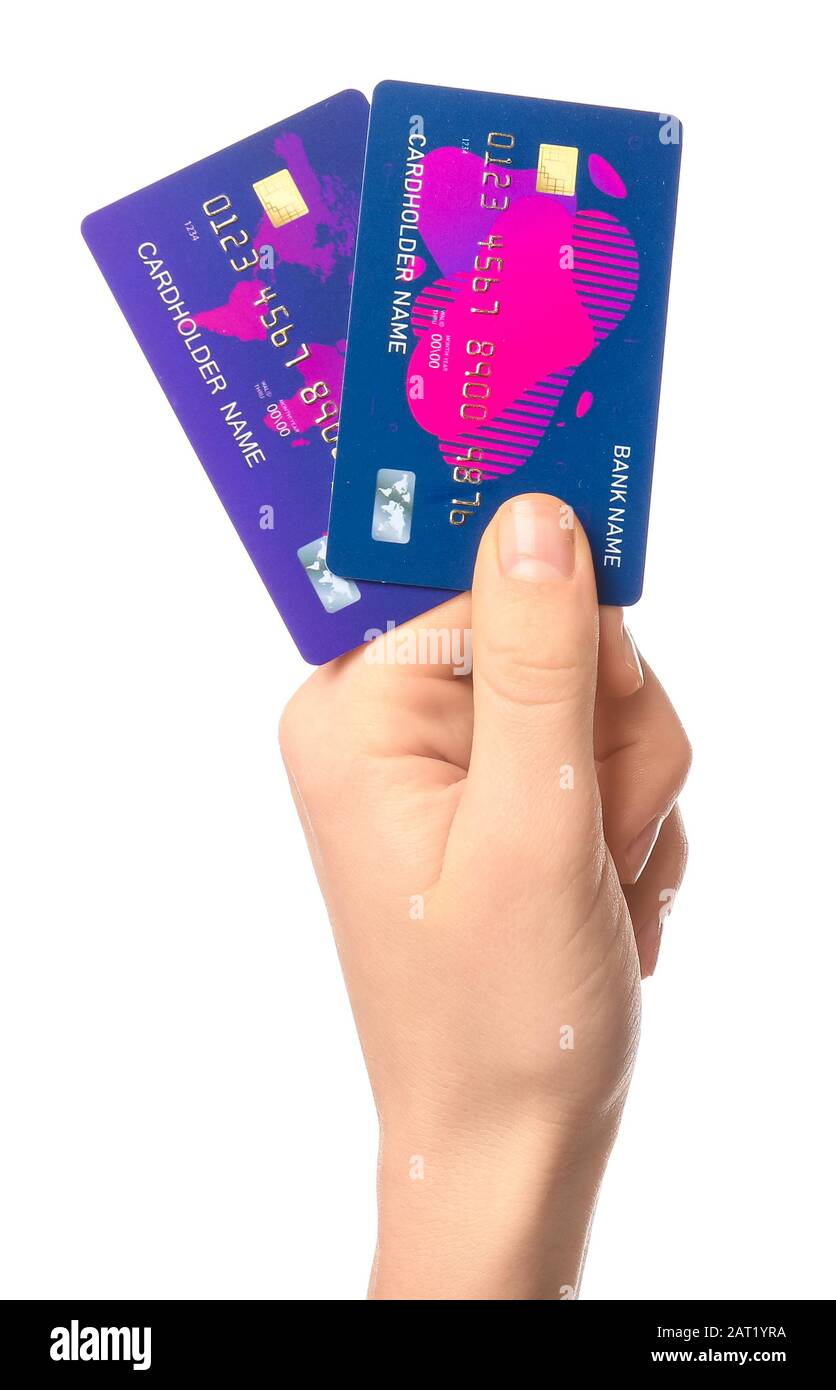 Female hand with credit cards on white background Stock Photo - Alamy