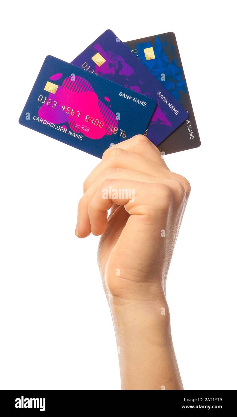 Female hand with credit cards on white background Stock Photo - Alamy