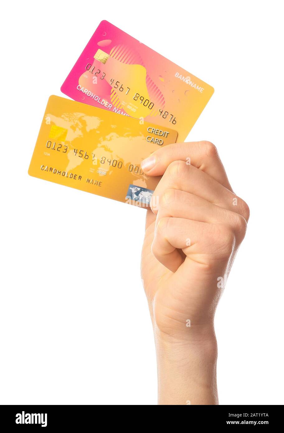 Female hand with credit cards on white background Stock Photo - Alamy