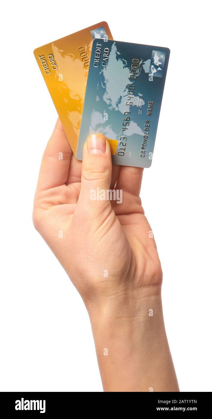 Female hand with credit cards on white background Stock Photo - Alamy