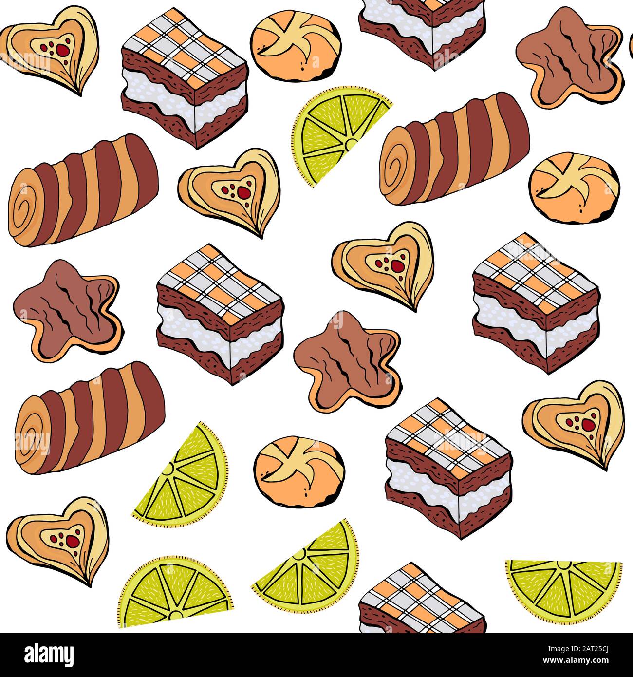 Abstract seamless pattern with pie, roll, bun, cookies, laim. It is ...
