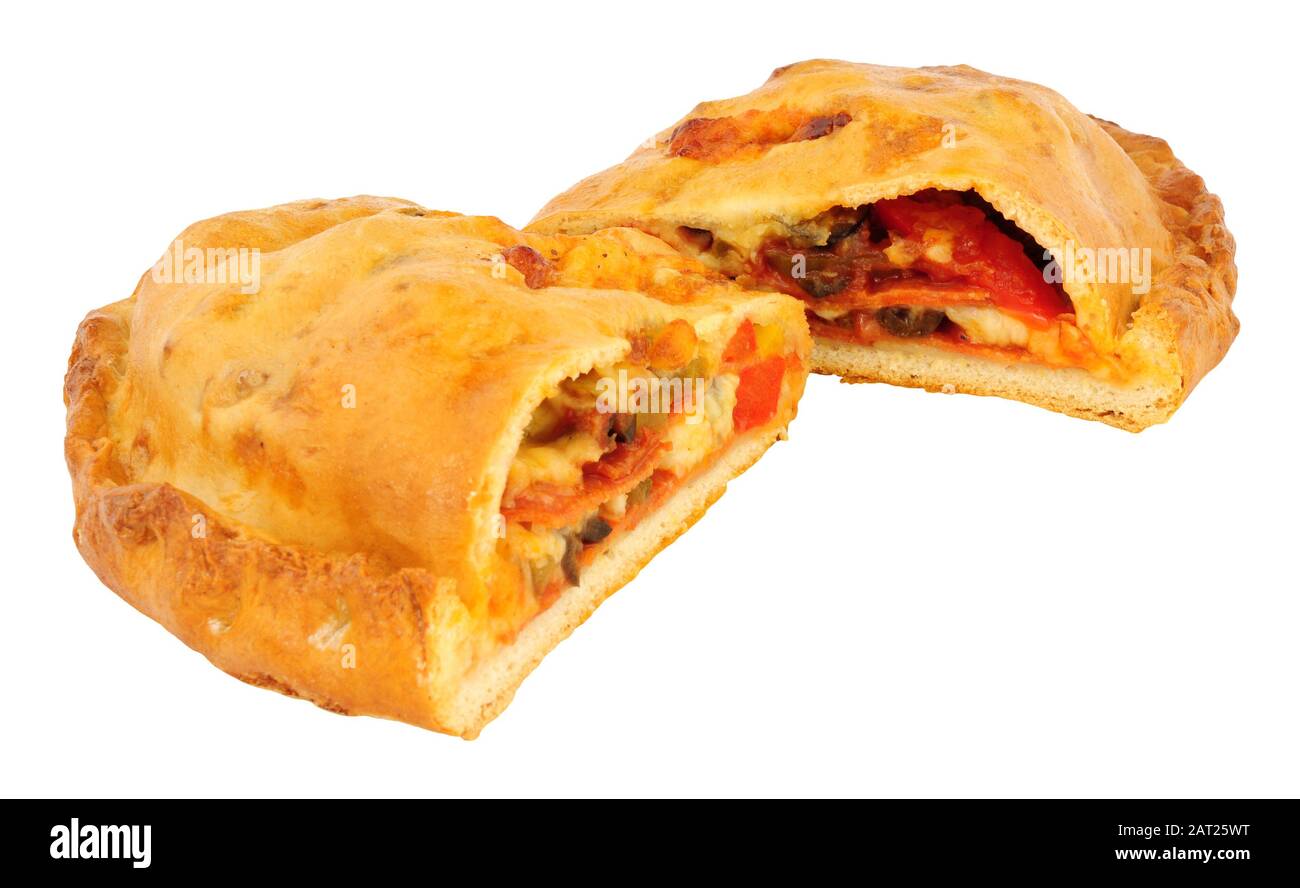 Pepperoni and cheese filled calzone pizza isolated on a white ...