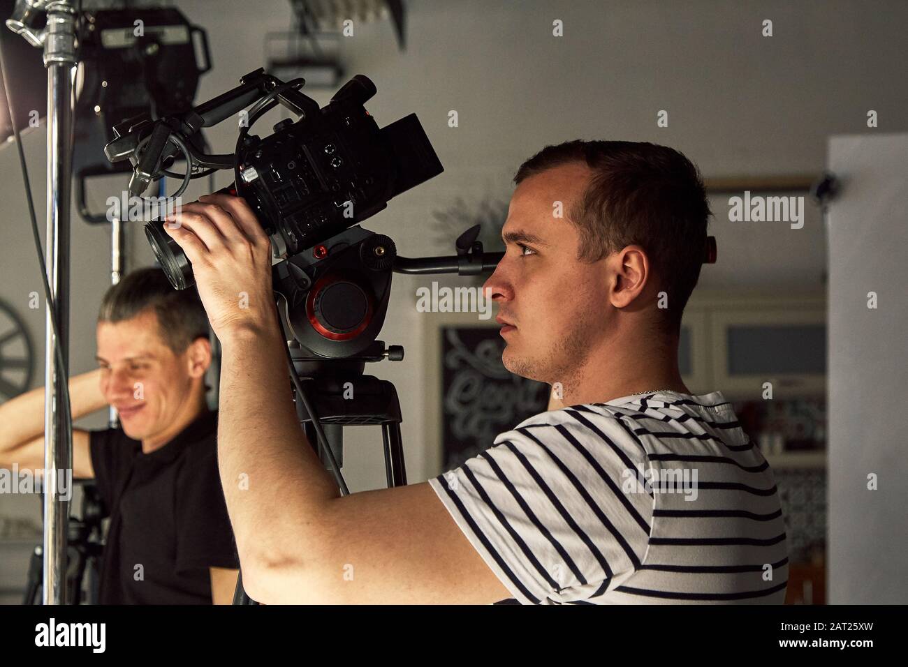 Video production backstage. Behind the scenes of creating video content ...