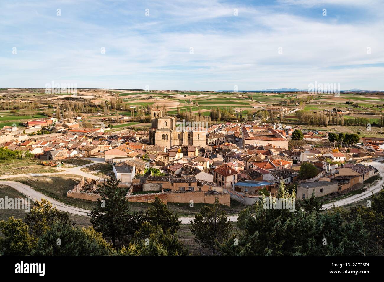 Panoramic view of an old Castilian medieval town. Penaranda de Duero ...