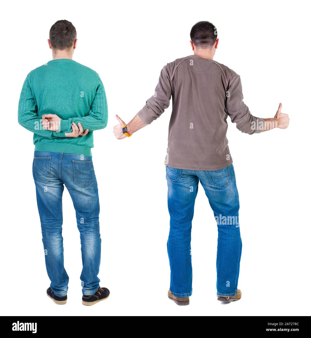 Back view of two man in sweater showing thumb up. Rear view people ...