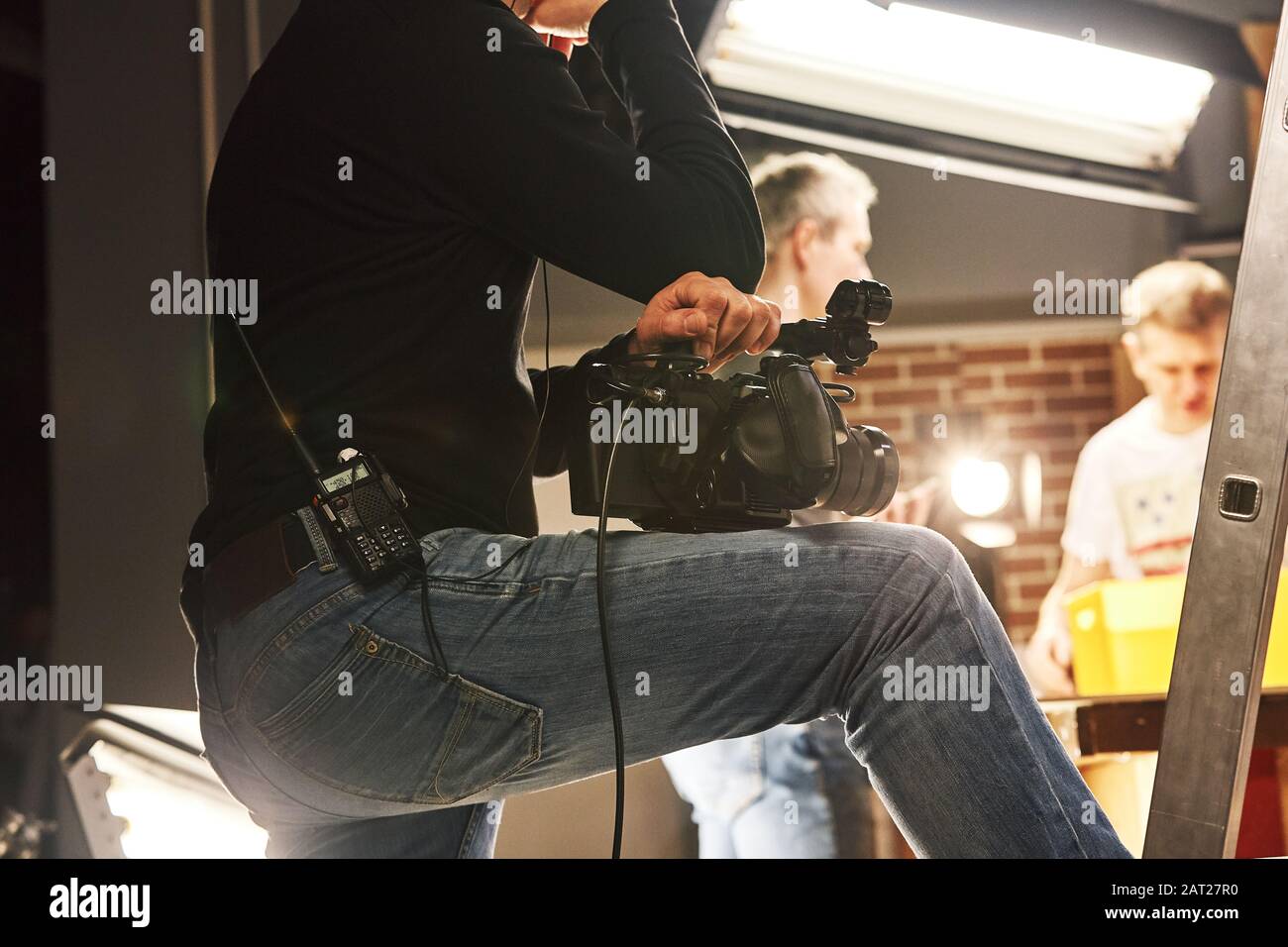 Video production backstage. Behind the scenes of creating video content ...