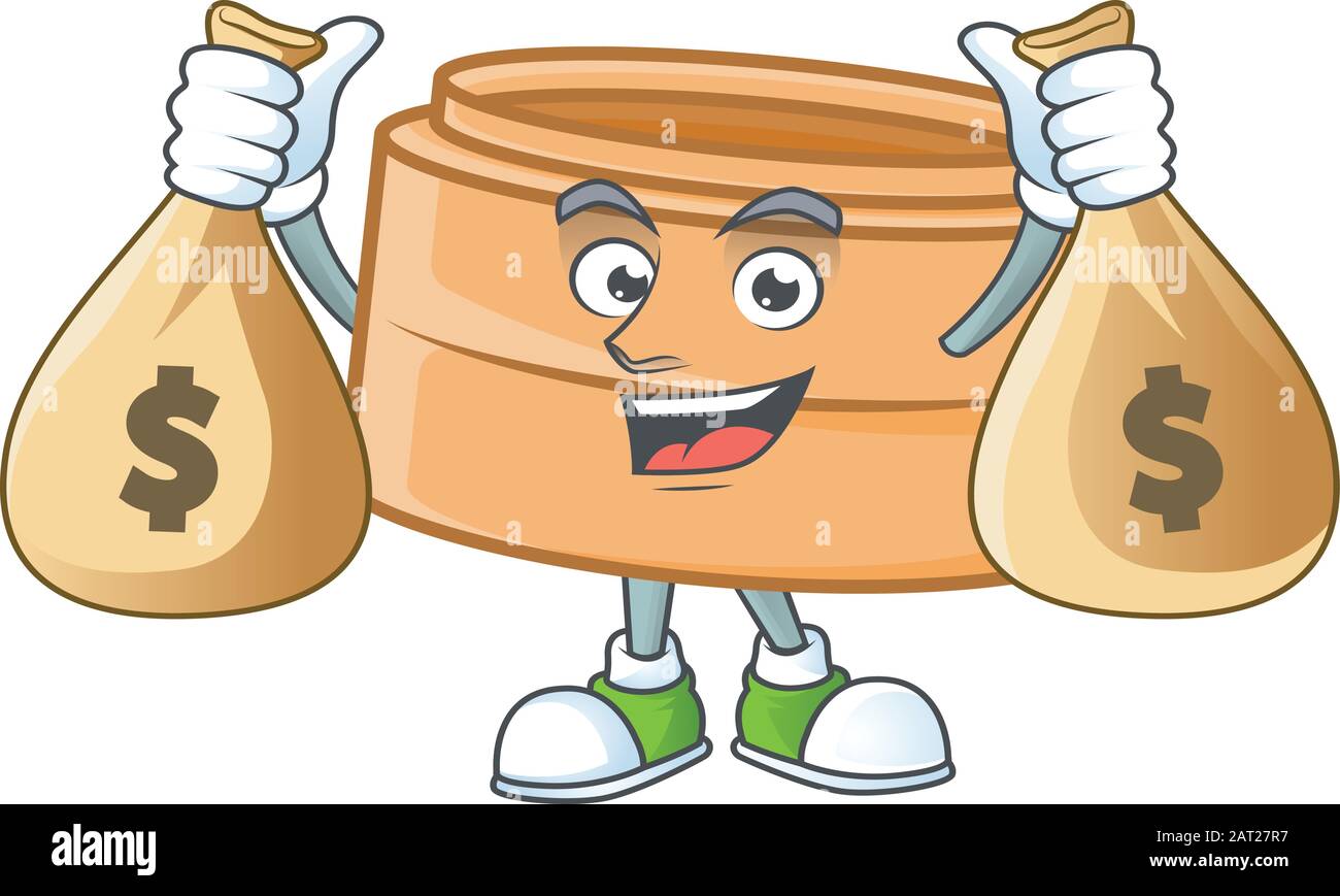 A picture of rich dimsum basket cartoon character with two money bags ...