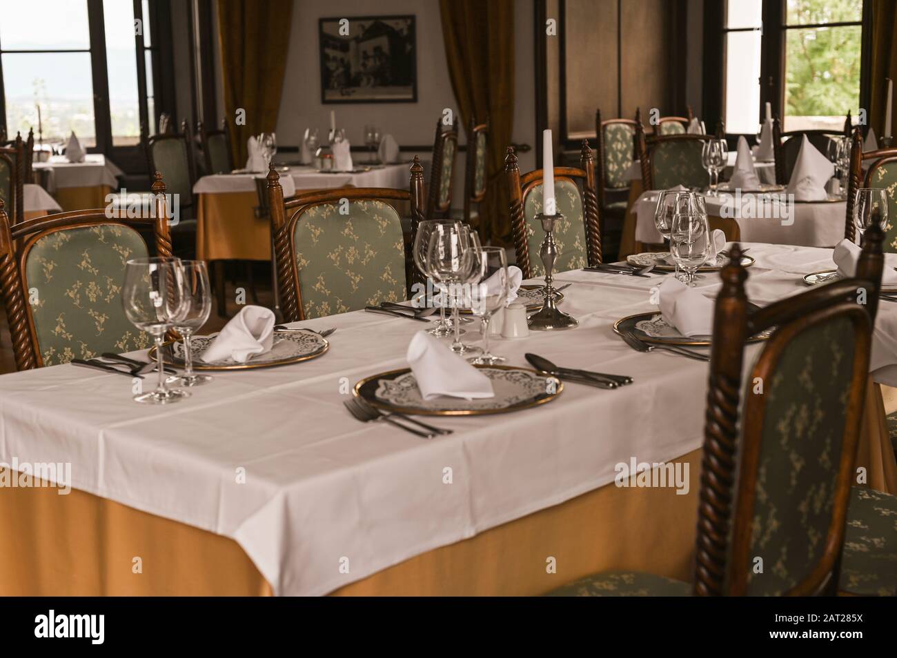 Interior of a classic restaurant in an old castle. Traveling in Europe ...