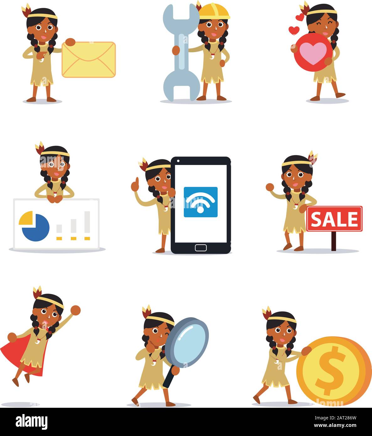 Set of character female Native American using cultural objects for ...