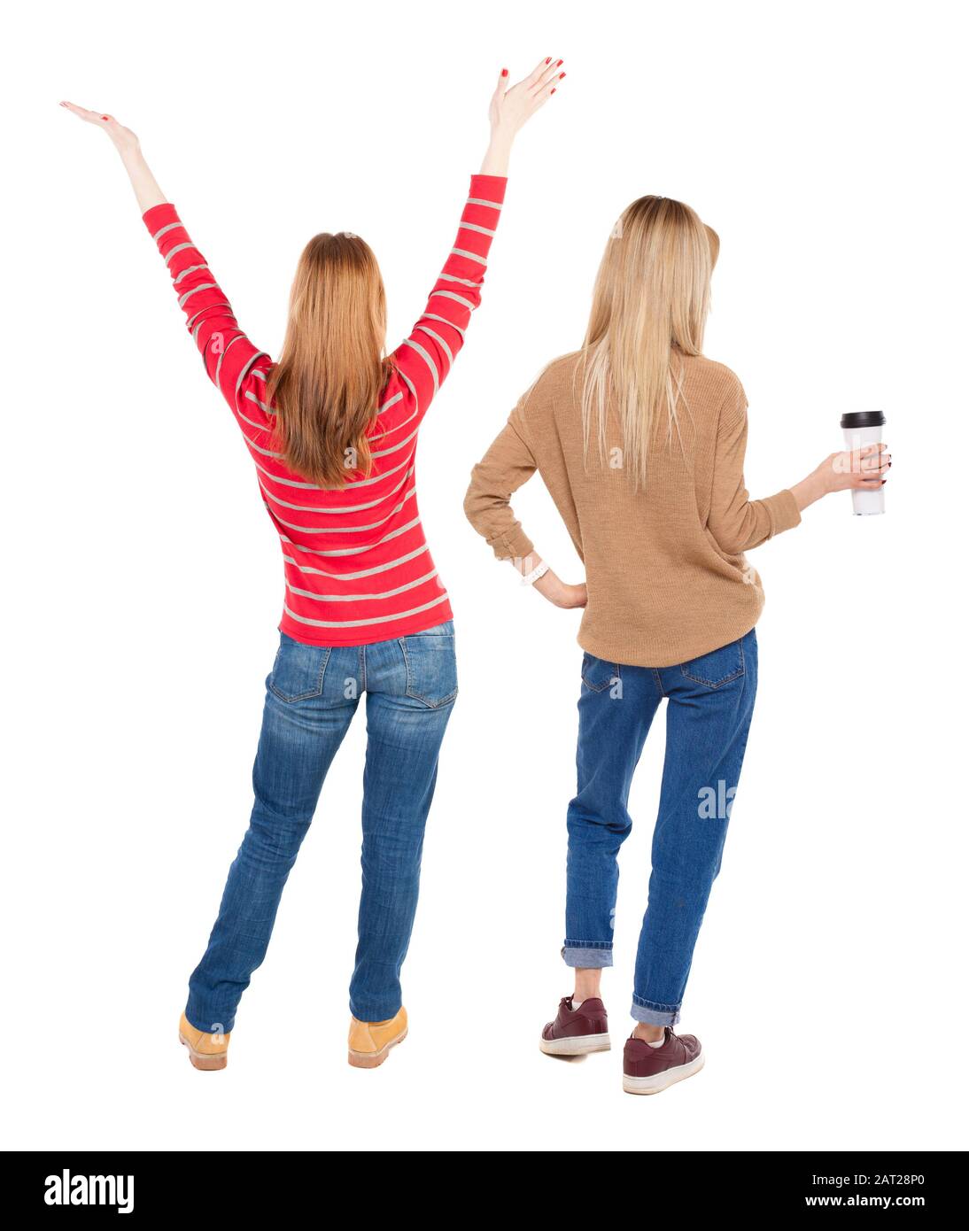Back view of couple couple in sweater pointing. beautiful friendly girl ...