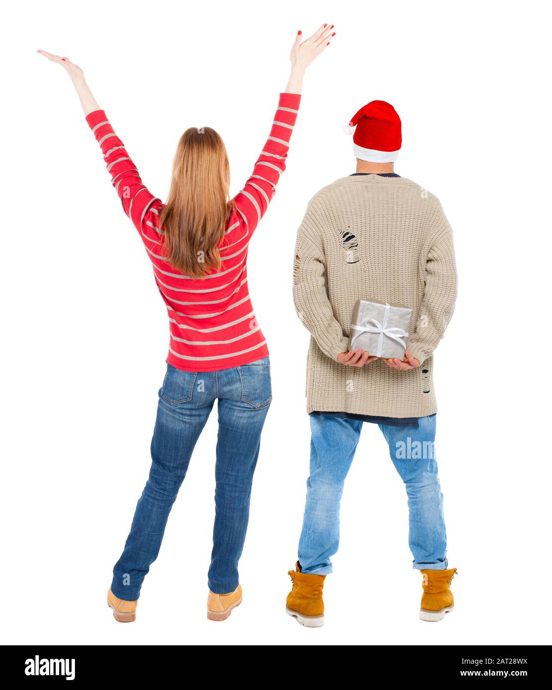Back view of couple in sweater. beautiful friendly girl and guy ...