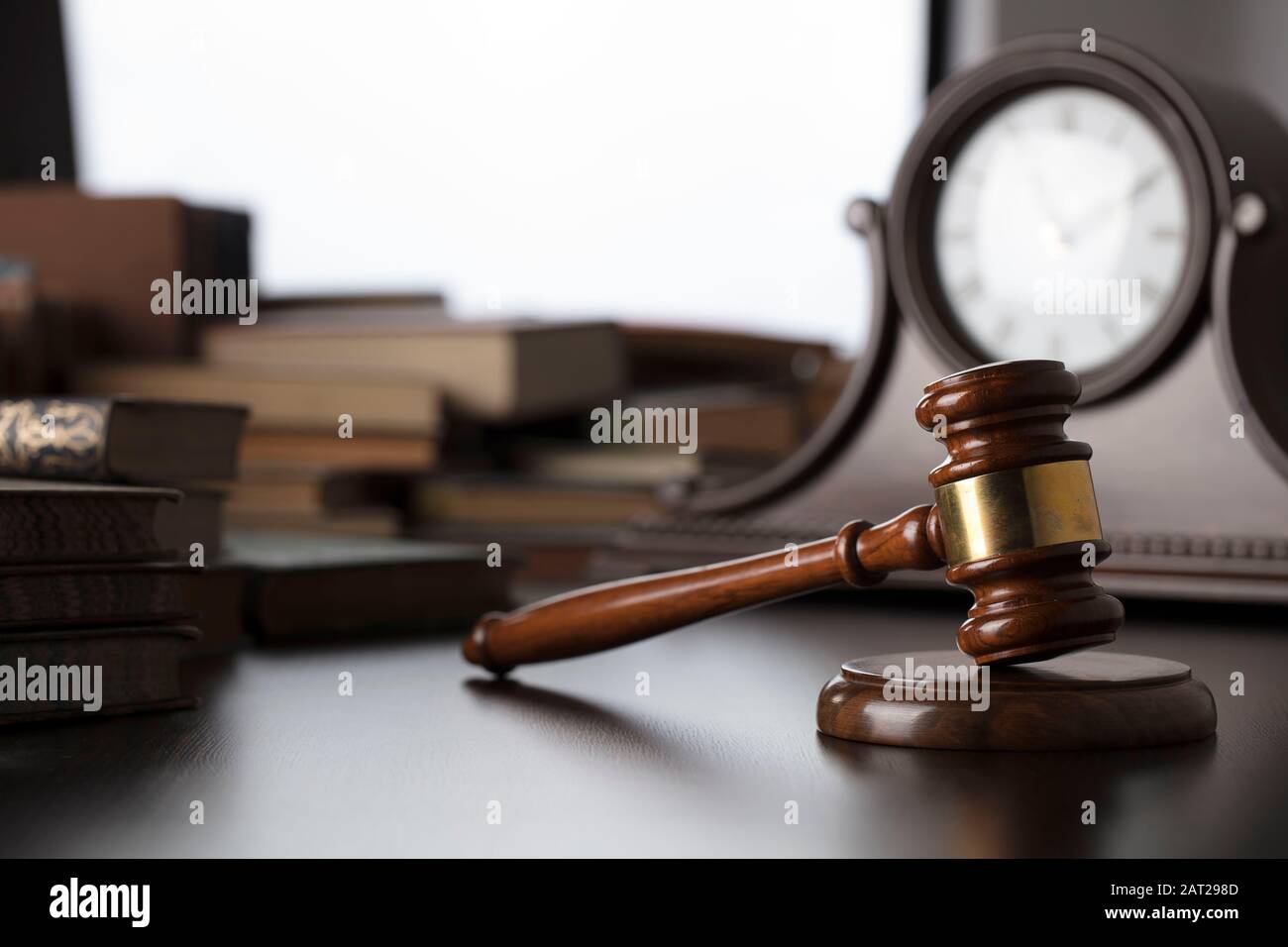 Law and justice theme. Judge’s gavel, Themis statue, scale, hourglass ...