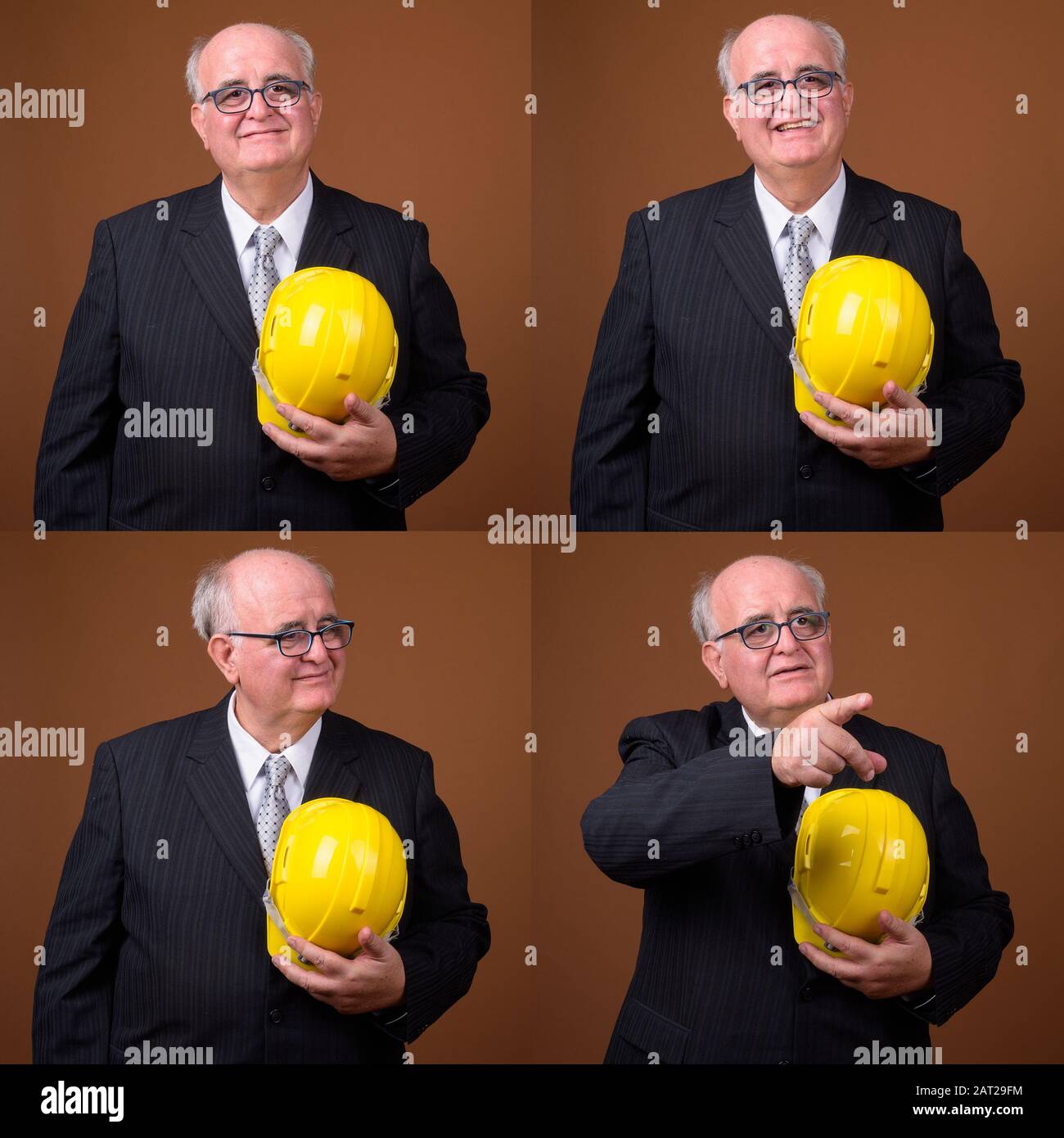 Collage of overweight senior businessman as engineer with hardhat Stock ...