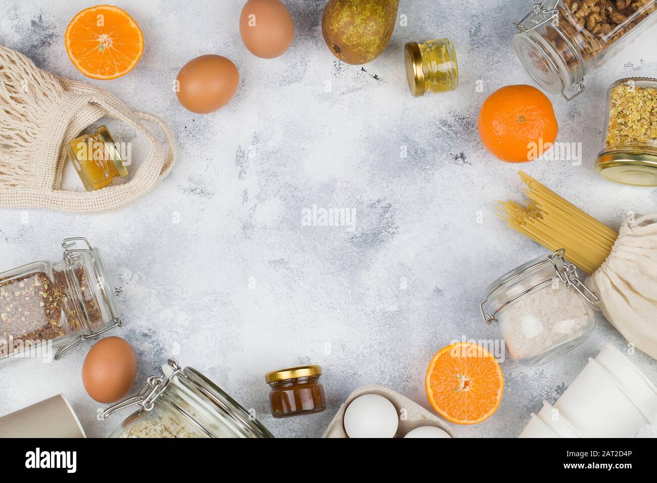 zero waste food shopping. eco natural bags and glass jar with food, eco ...