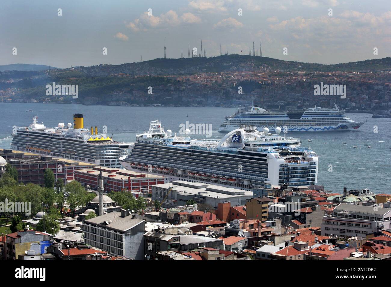 ISTANBUL, TURKEY - MAY 11, 2009 : Two cruise ships docked in port at ...