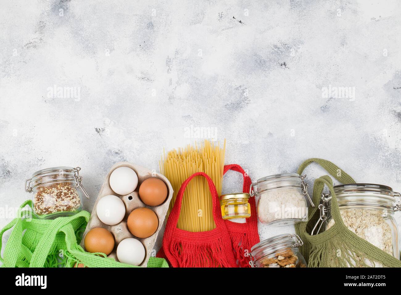 zero waste food shopping. eco natural bags and glass jar with food, eco ...