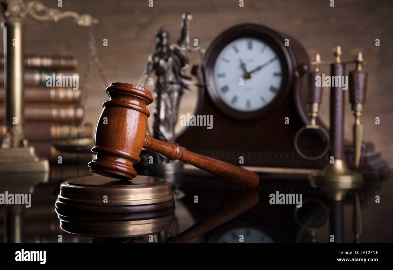 Law and justice theme. Judge’s gavel, Themis statue, scale, legal books ...