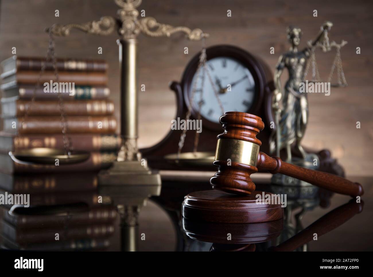 Law and justice theme. Judge’s gavel, Themis statue, scale, legal books ...