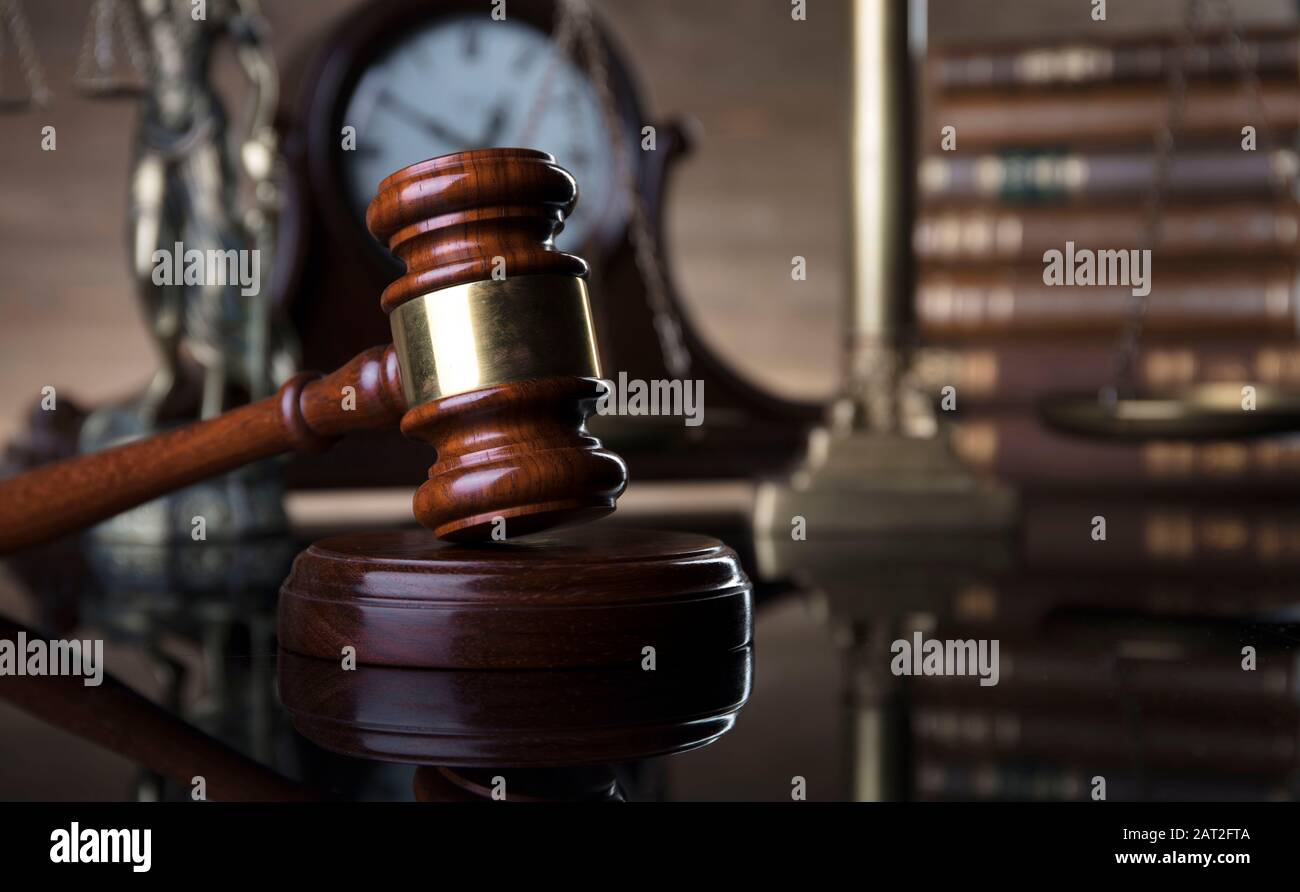 Law and justice theme. Judge’s gavel, Themis statue, scale, legal books ...