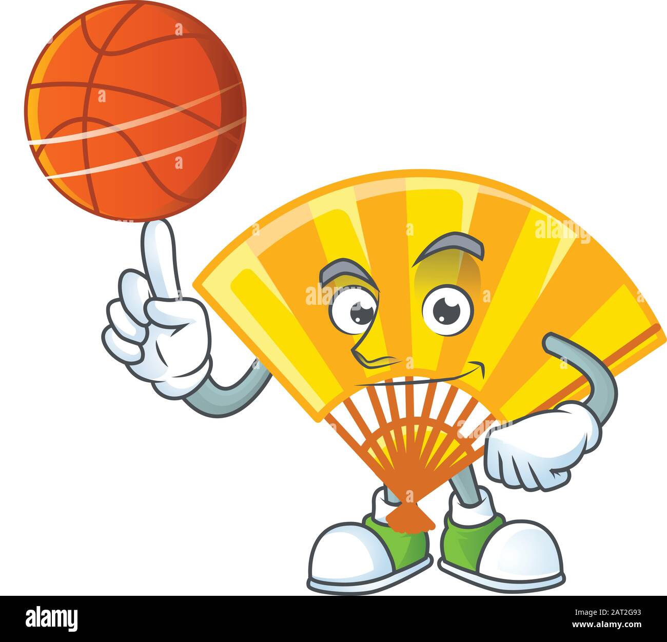 a Healthy gold chinese folding fan cartoon character playing basketball ...