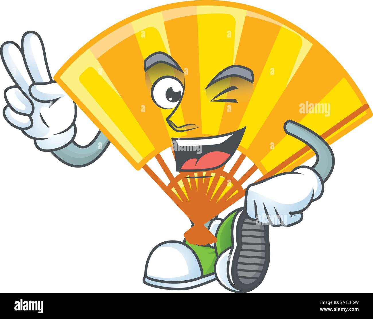 cartoon mascot design of gold chinese folding fan with two fingers ...