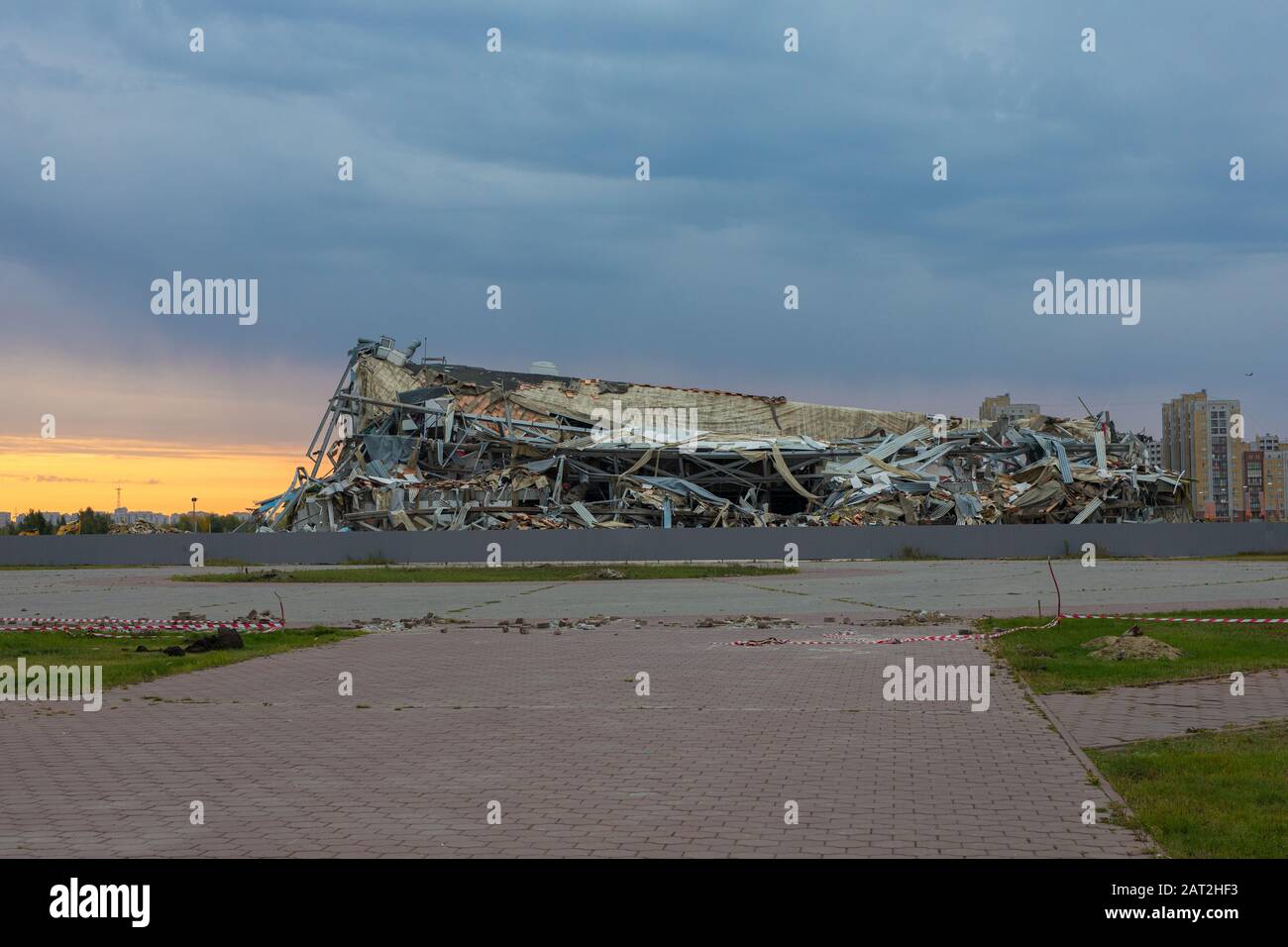 Demolition of buildings in urban environments. Disaster scene full of ...