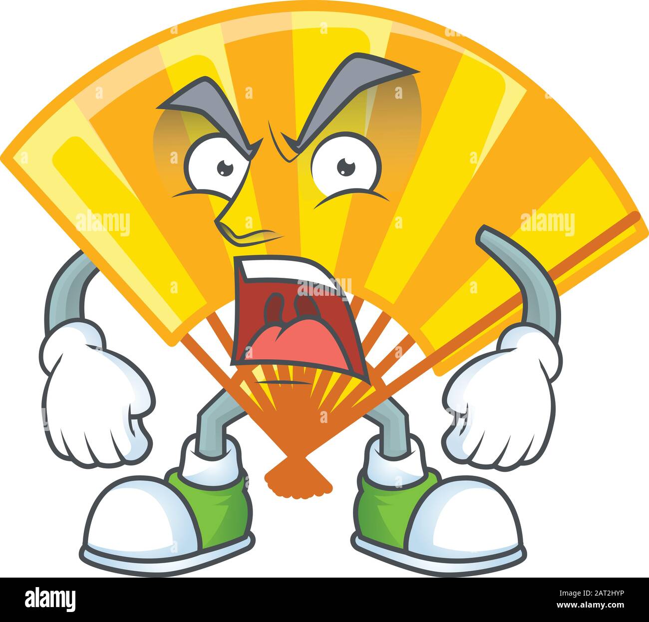 Gold chinese folding fan cartoon character design having angry face ...