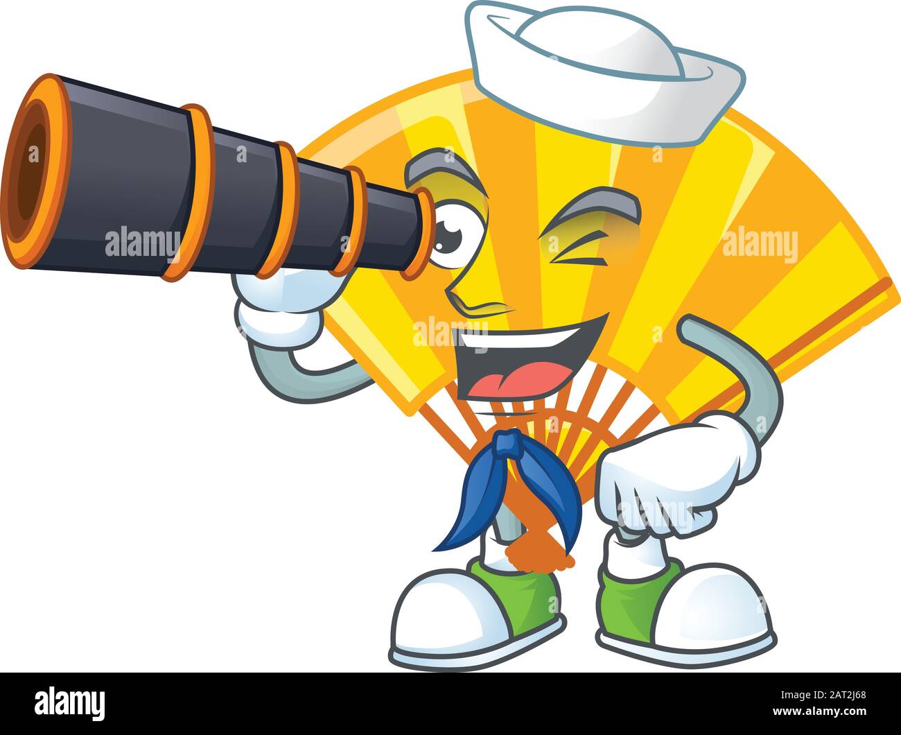 Gold chinese folding fan cartoon happy Sailor style with binocular ...