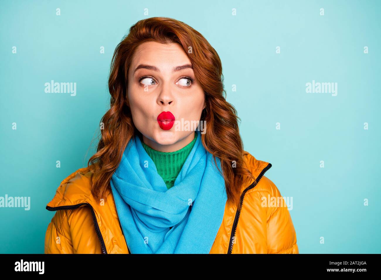 Closeup photo of pretty lady send air kisses handsome guy shy person ...