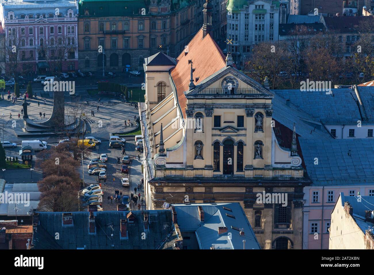 An amazing aerial view of a historical center of Lviv with lots of ...